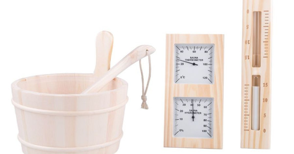 Fenyő szaunadézsa szett kanállal, hő-és páramérővel és homokórával